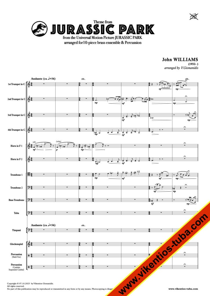 JURASSIC PARK THEME - J.WILLIAMS - BRASS ENSEMBLE (10) - Vikentios ...